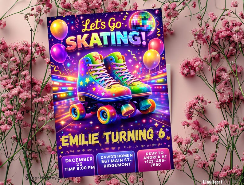 Roller Skating Birthday Invitation, Retro Neon Lights, Glow Roller ...