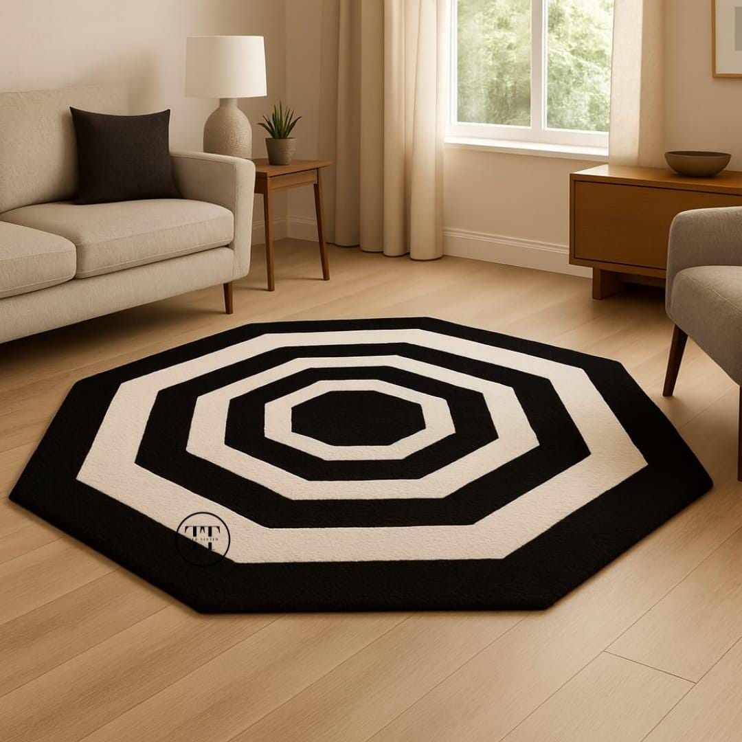 Handmade Octagon Area Rug Black and Ivory Geometric Tufted New Zealand ...
