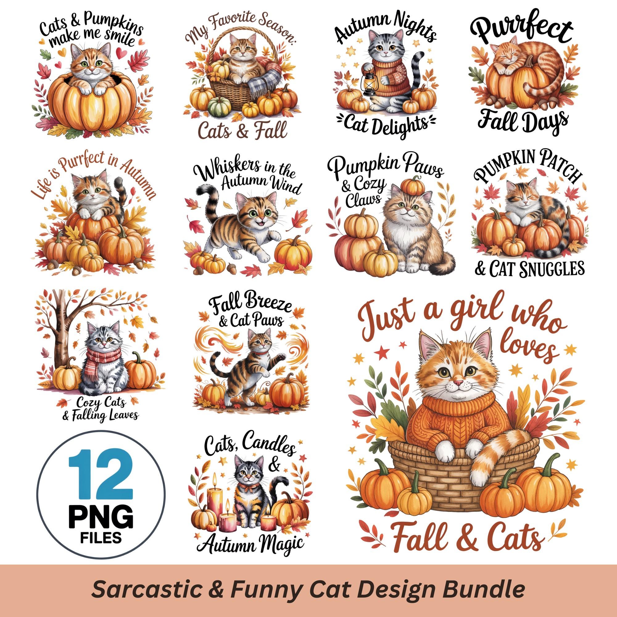 Fall Cats Watercolor Clipart Bundle: Pumpkin & Cozy Autumn Designs ...