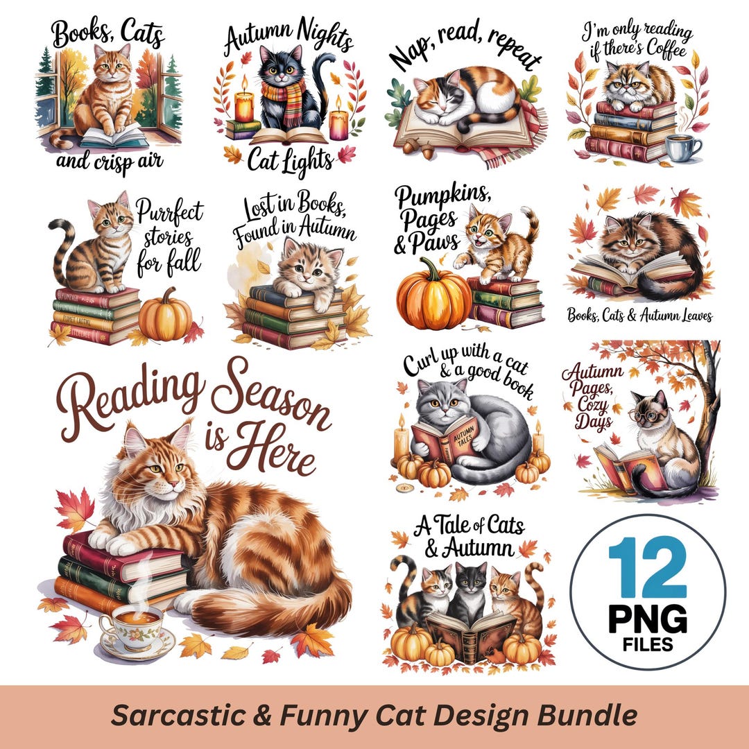 Cozy Fall Cat Reading Clipart: Watercolor Autumn Pngs (digital Download ...