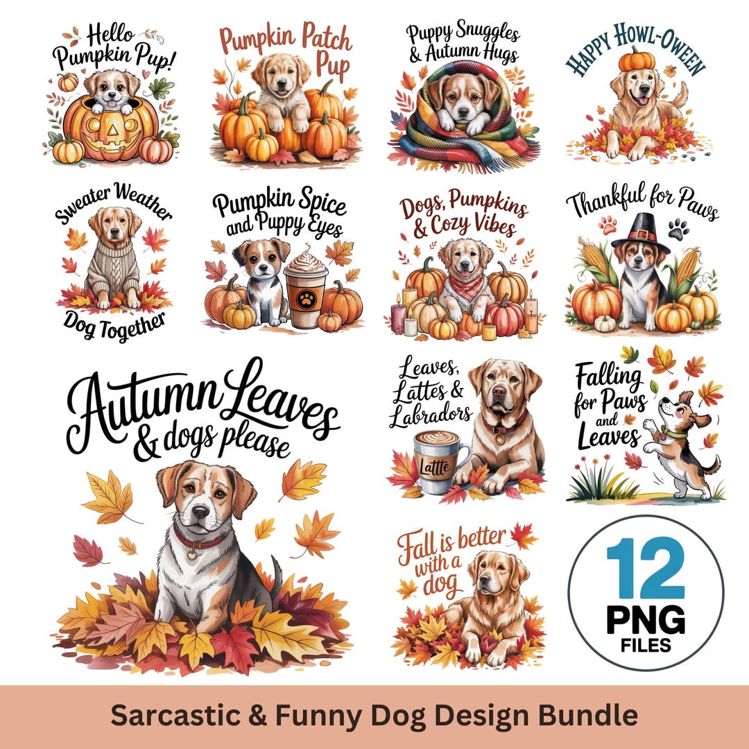 Watercolor Autumn Dog PNG Clipart Bundle: Fall Quotes (digital Download ...