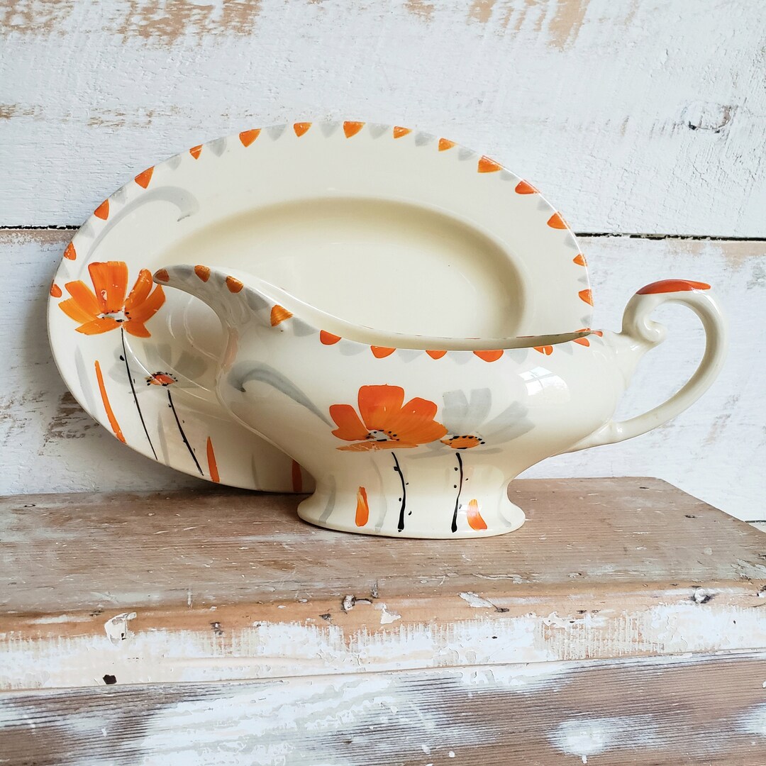 Floral Gravy Boat With Under Plate , Hand Painted Art Deco Style Myott ...