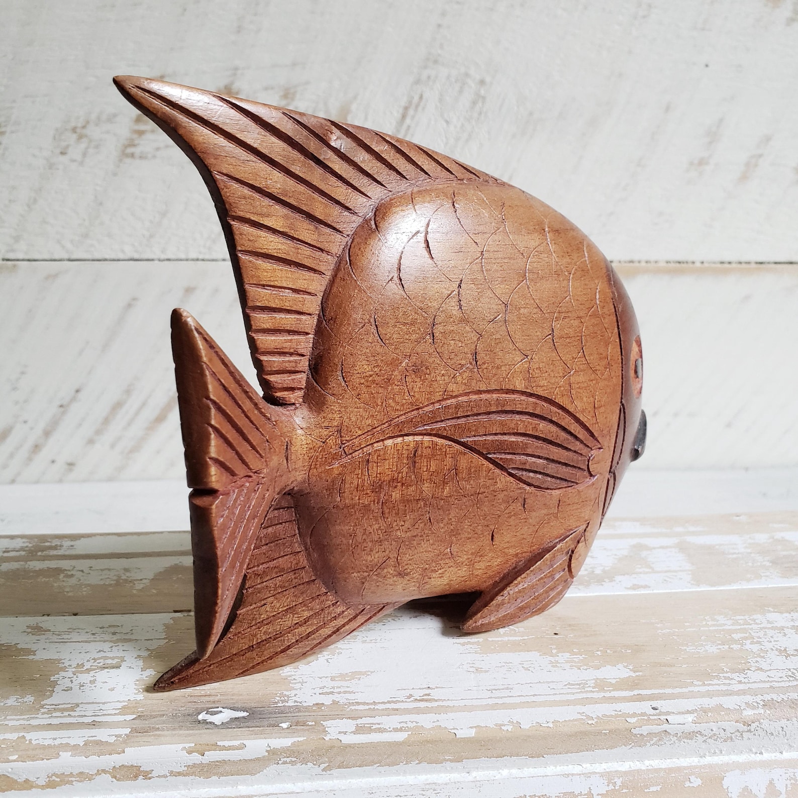 Carved Wooden Fish , Mid Century Angelfish Statuette , Vintage Coastal ...