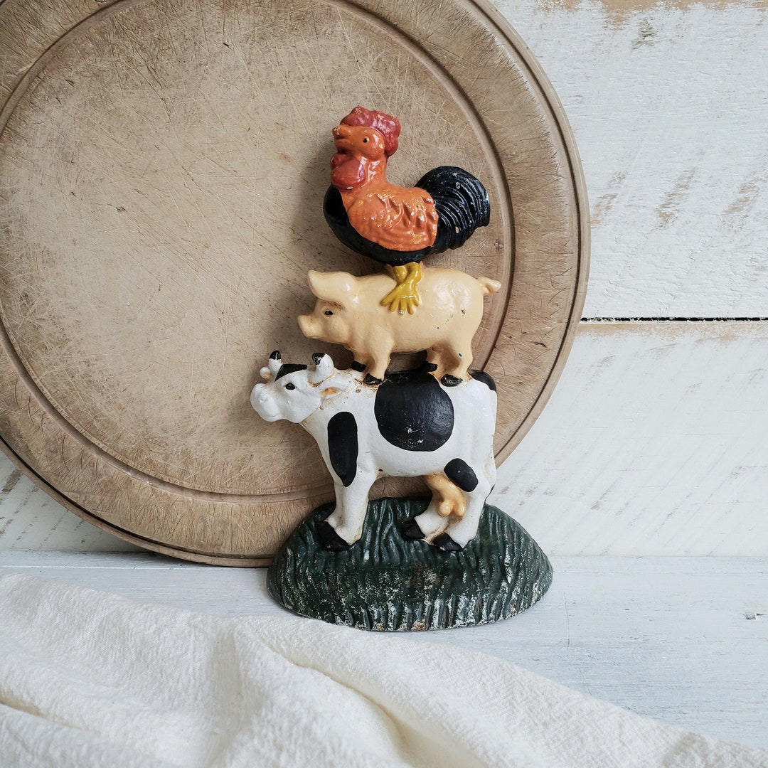 Cast Iron Farm Animal Door Stop , Stacked Animal Bookend , Cow, Pig ...