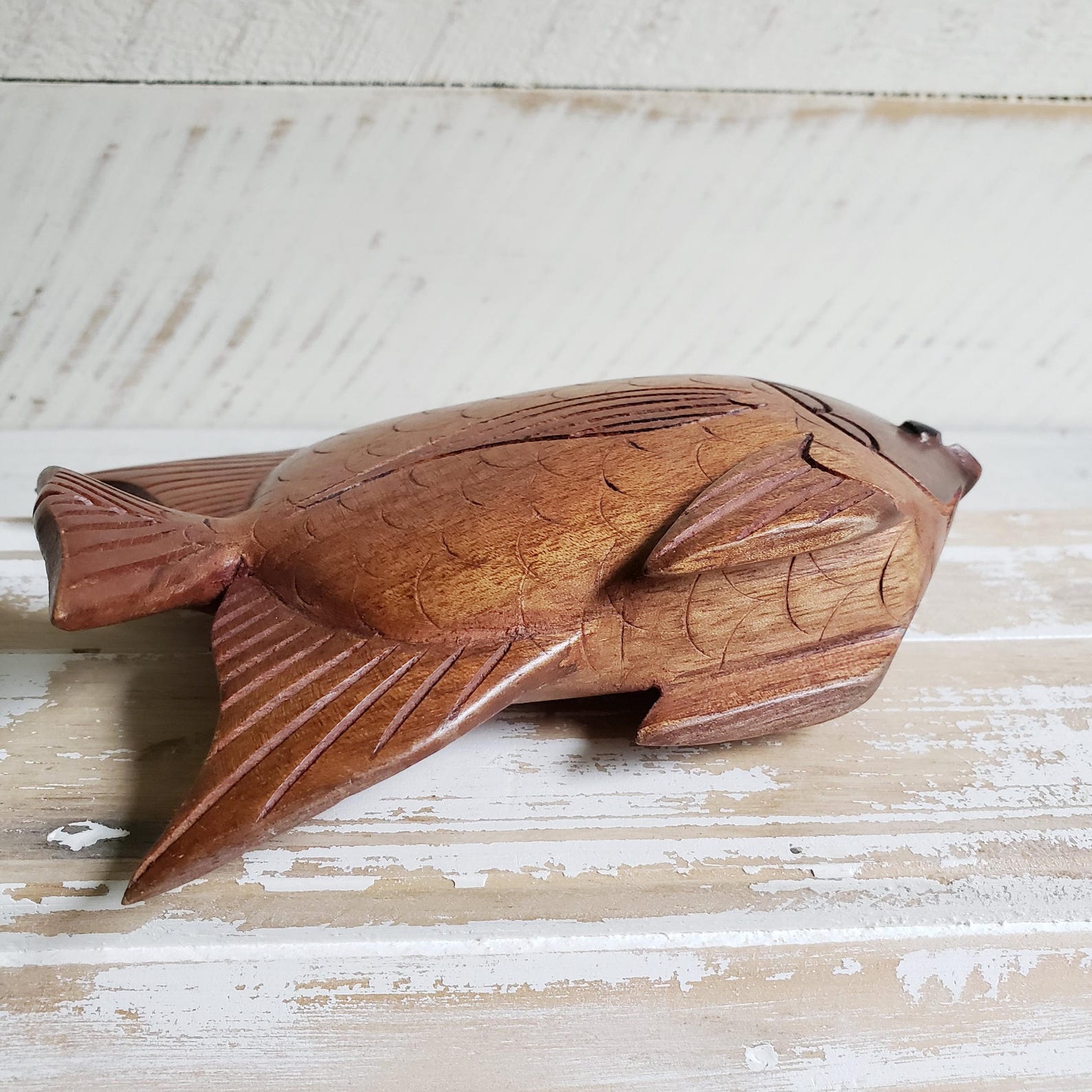 Carved Wooden Fish , Mid Century Angelfish Statuette , Vintage Coastal ...