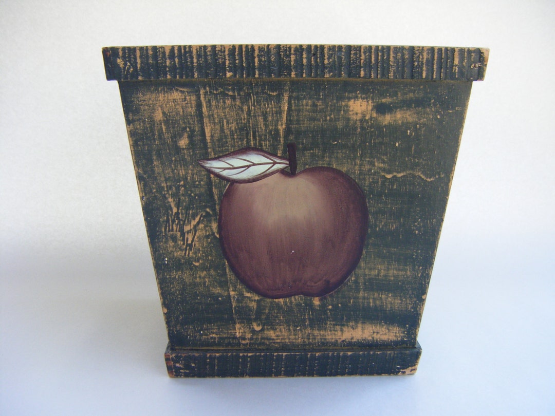 Vintage Rustic Cache Pot Square Wood Planter Green Red Apple Farmhouse ...