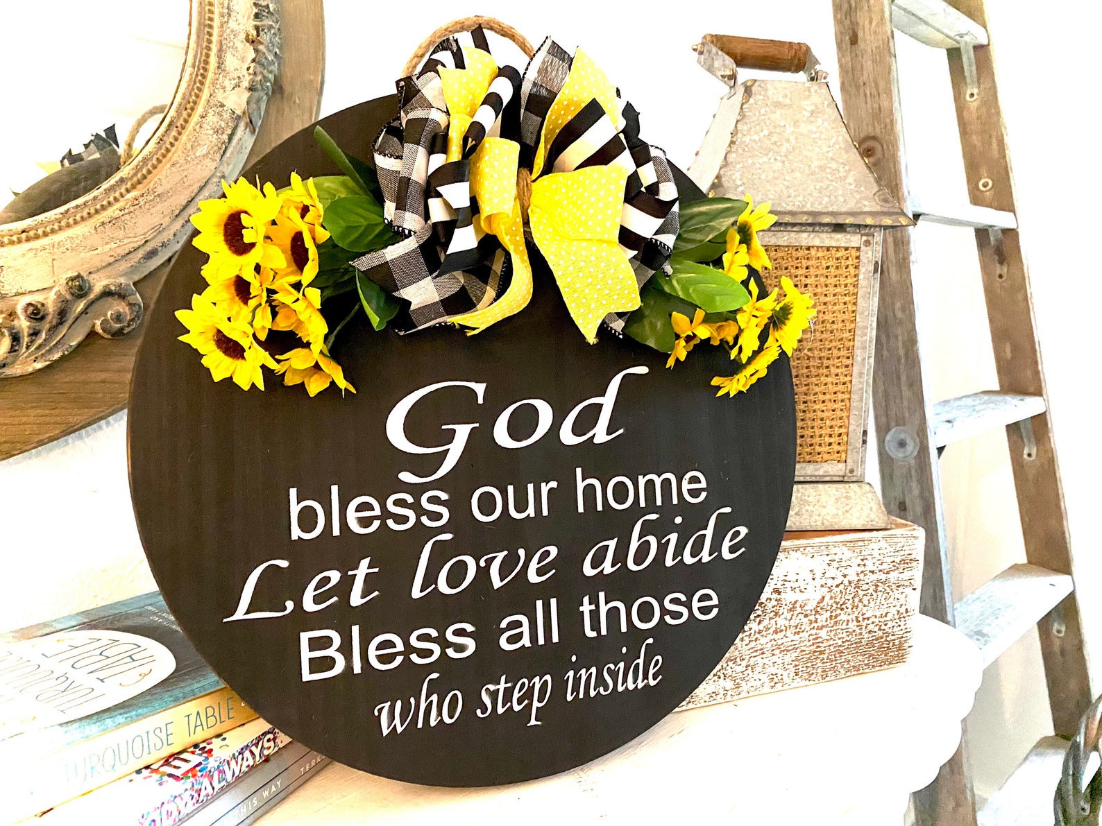 God Bless Our Home Sign door Hanger Wreath round Wood - Etsy