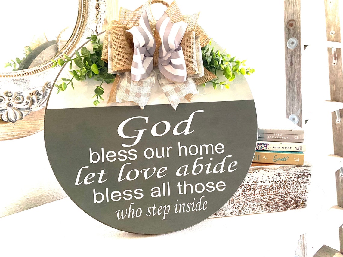 God Bless Our Home Sign Door hanger Wreath Round Wood | Etsy