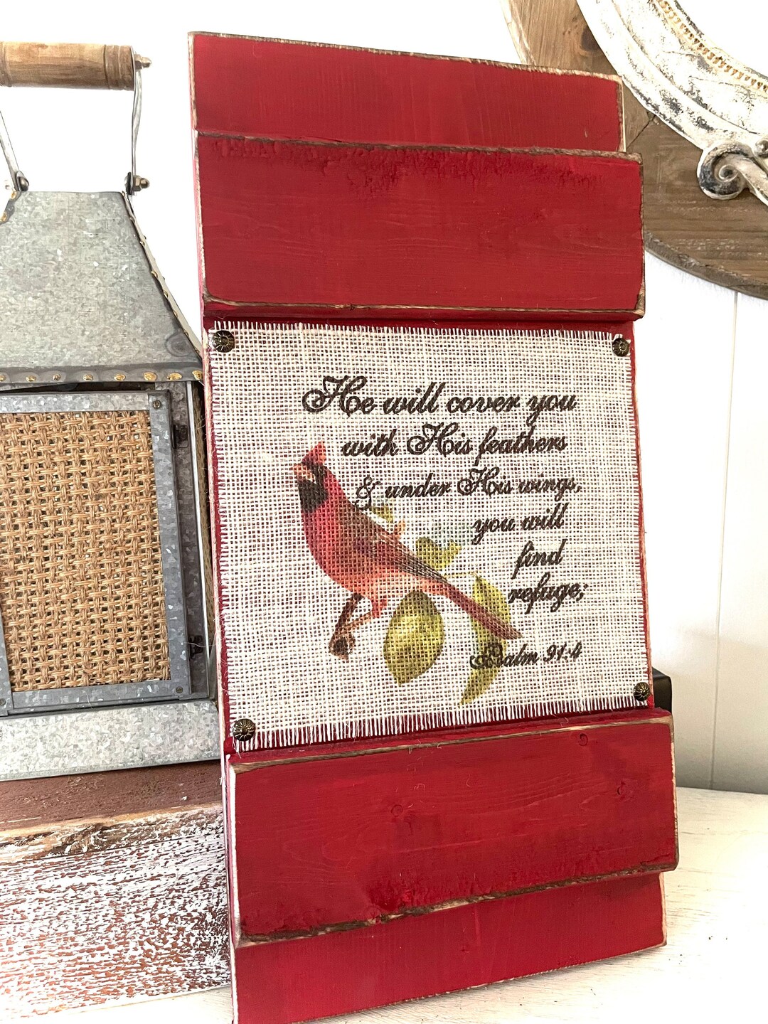 Cardinal Shutter Sign, Psalm 91:4,burlap Sign, Farmhouse Decor, Red ...