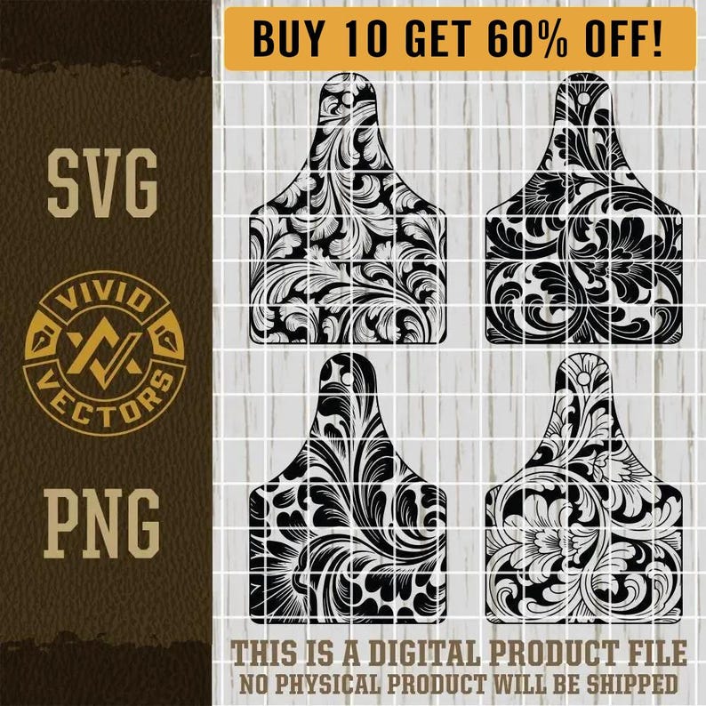 Ear Tag SVG Bundle Cattle Tag PNG Western Tooled Leather Floral Cow Tag ...