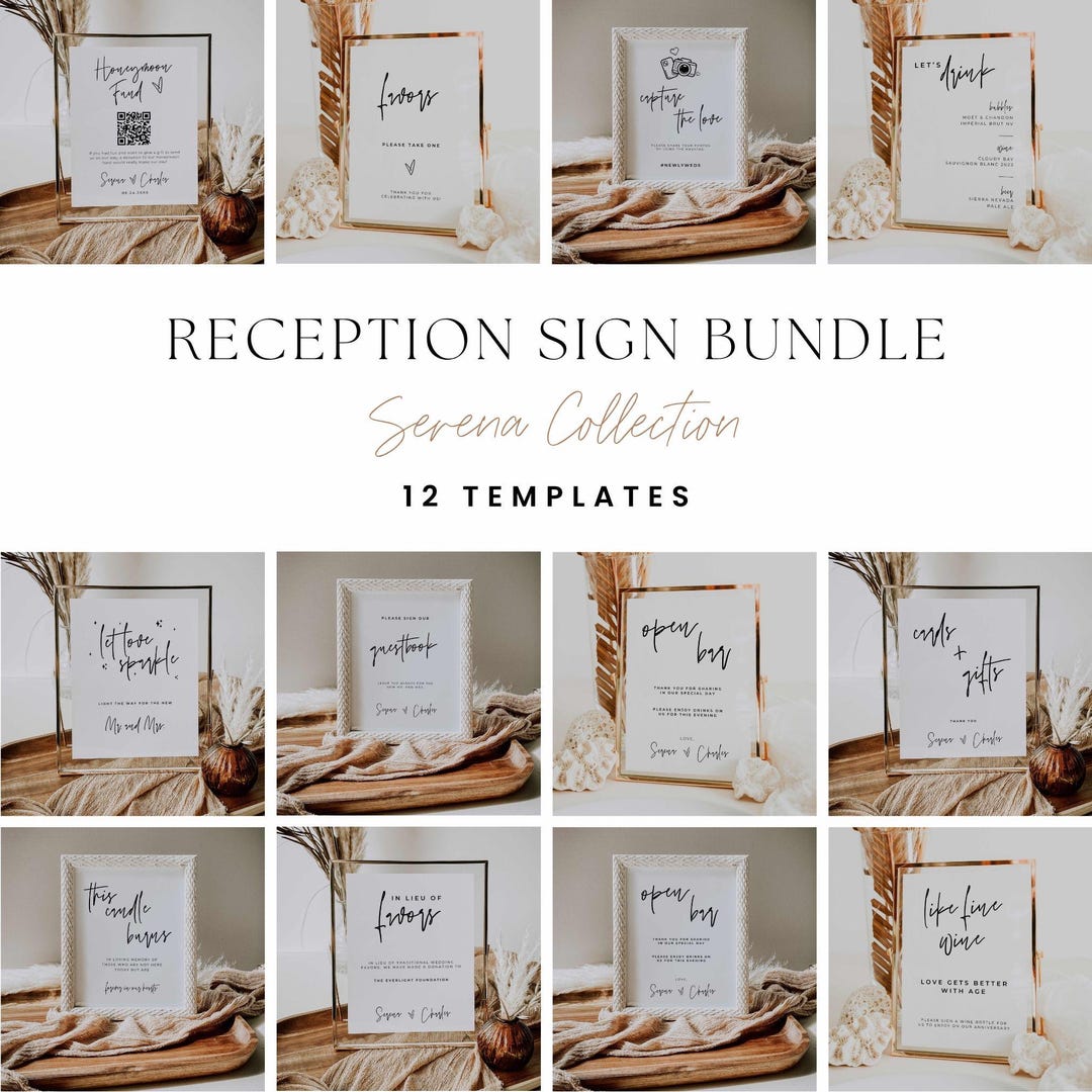 Minimalist Wedding Reception Signs Templates Bundle, Modern Script ...