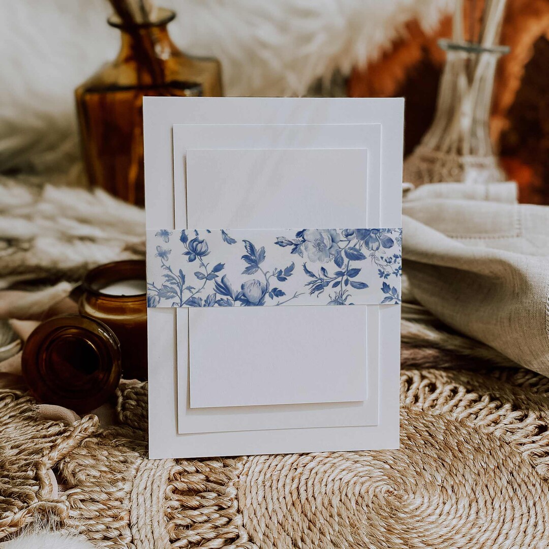 Blue Toile Invitation Belly Band Template, Chinoiserie Printable ...