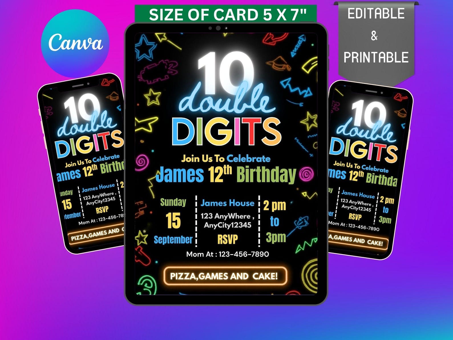 Neon Double Digits 10th Birthday Invitation (PDF) - Etsy