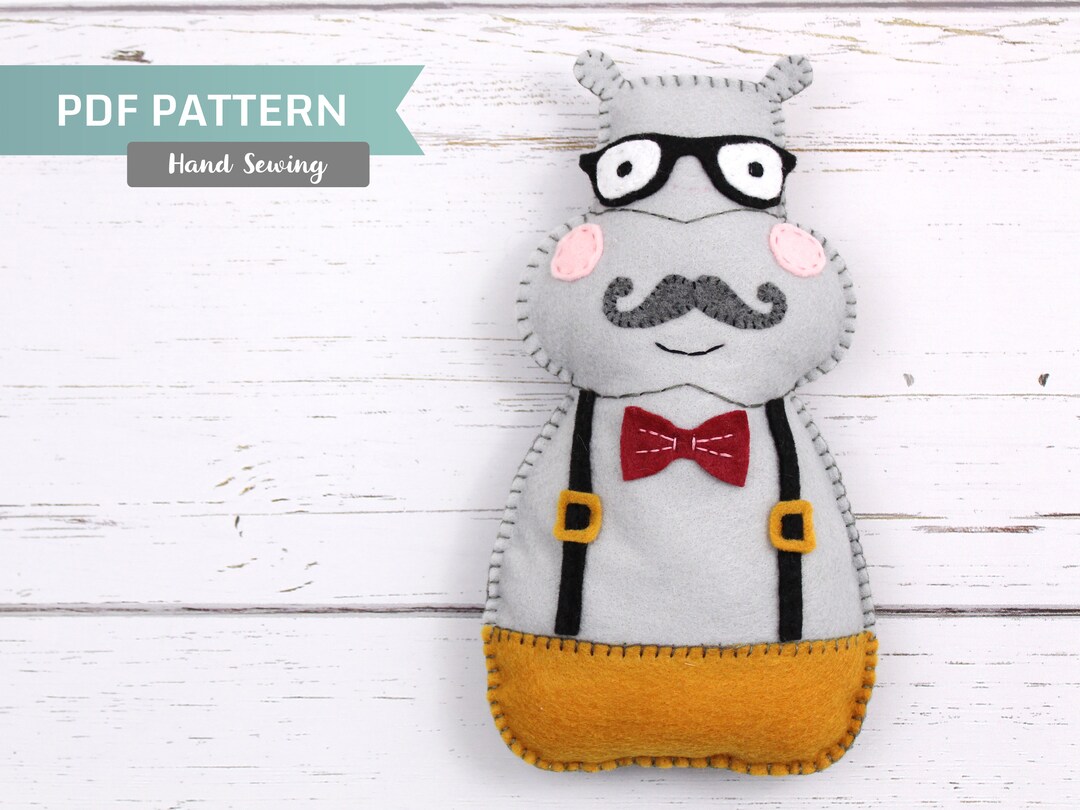 Hipsterpotamus Hand Sewing Pattern, Hippo Felt Softie Pattern, Hipster ...