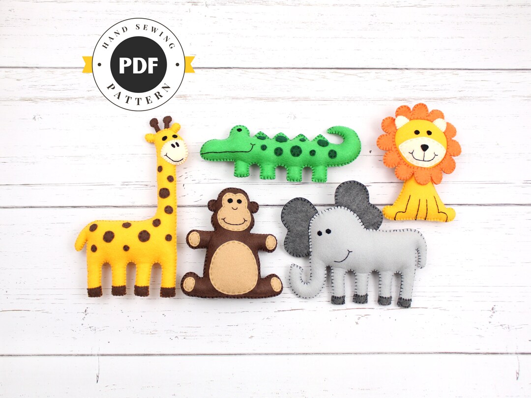 Felt Jungle Animal Sewing Pattern: Giraffe, Elephant, Lion, Monkey ...