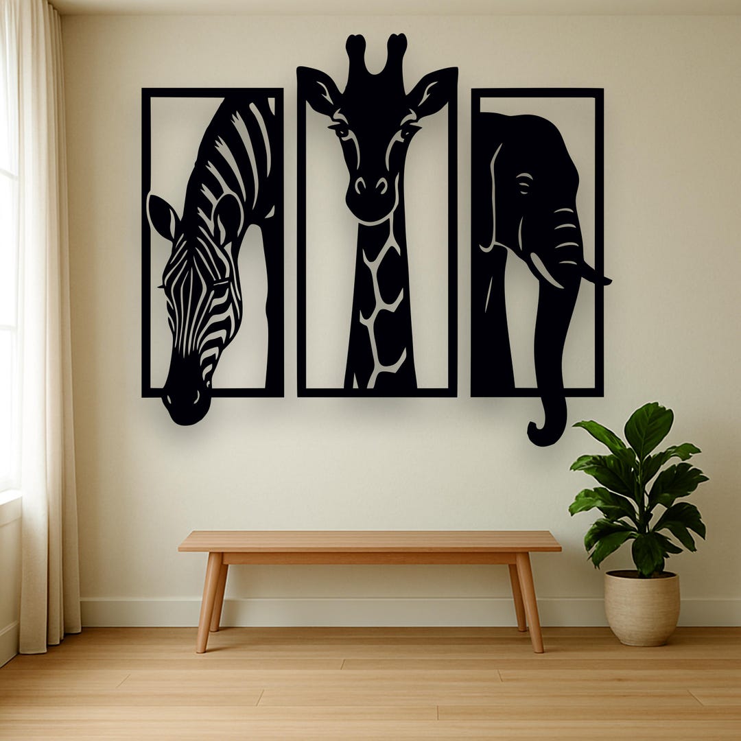Wooden Safari Wall Art Set – Elephant, Giraffe, Zebra Panels – Modern ...
