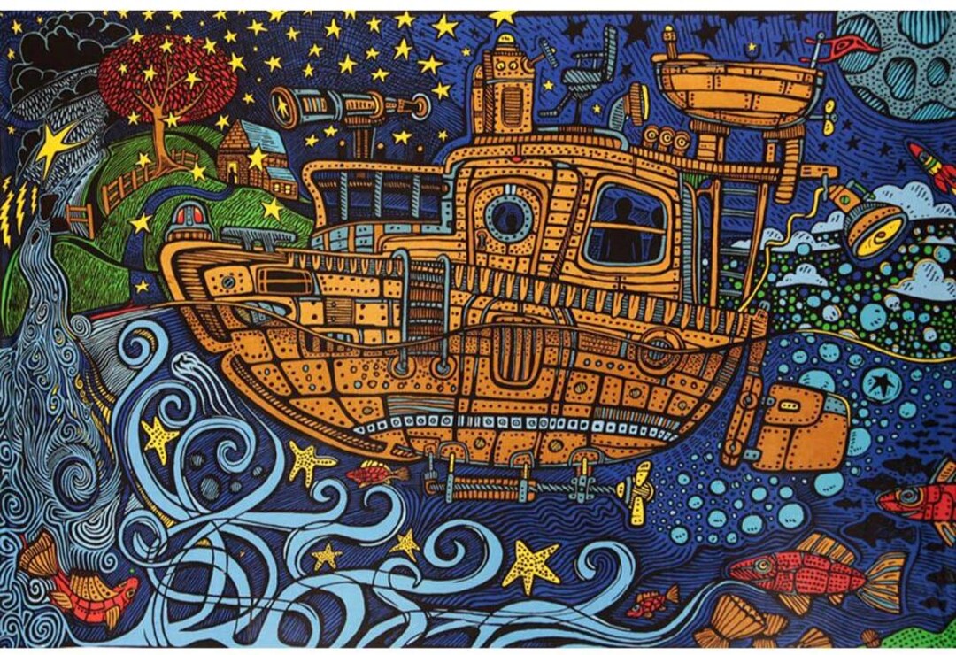 3D Psychedelic Steampunk Tugboat Tapestry - Trippy Ocean Wall Hanging ...