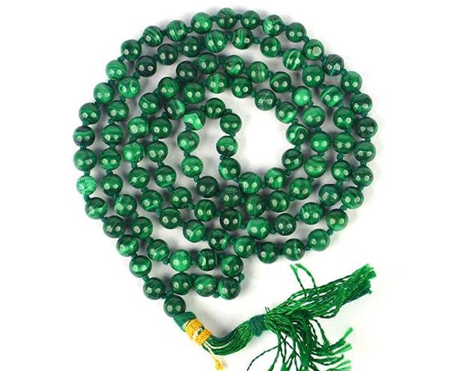 Malachite Mala Necklace 108 Rudraksha Mala Knotted, 108 Prayer Beads ...