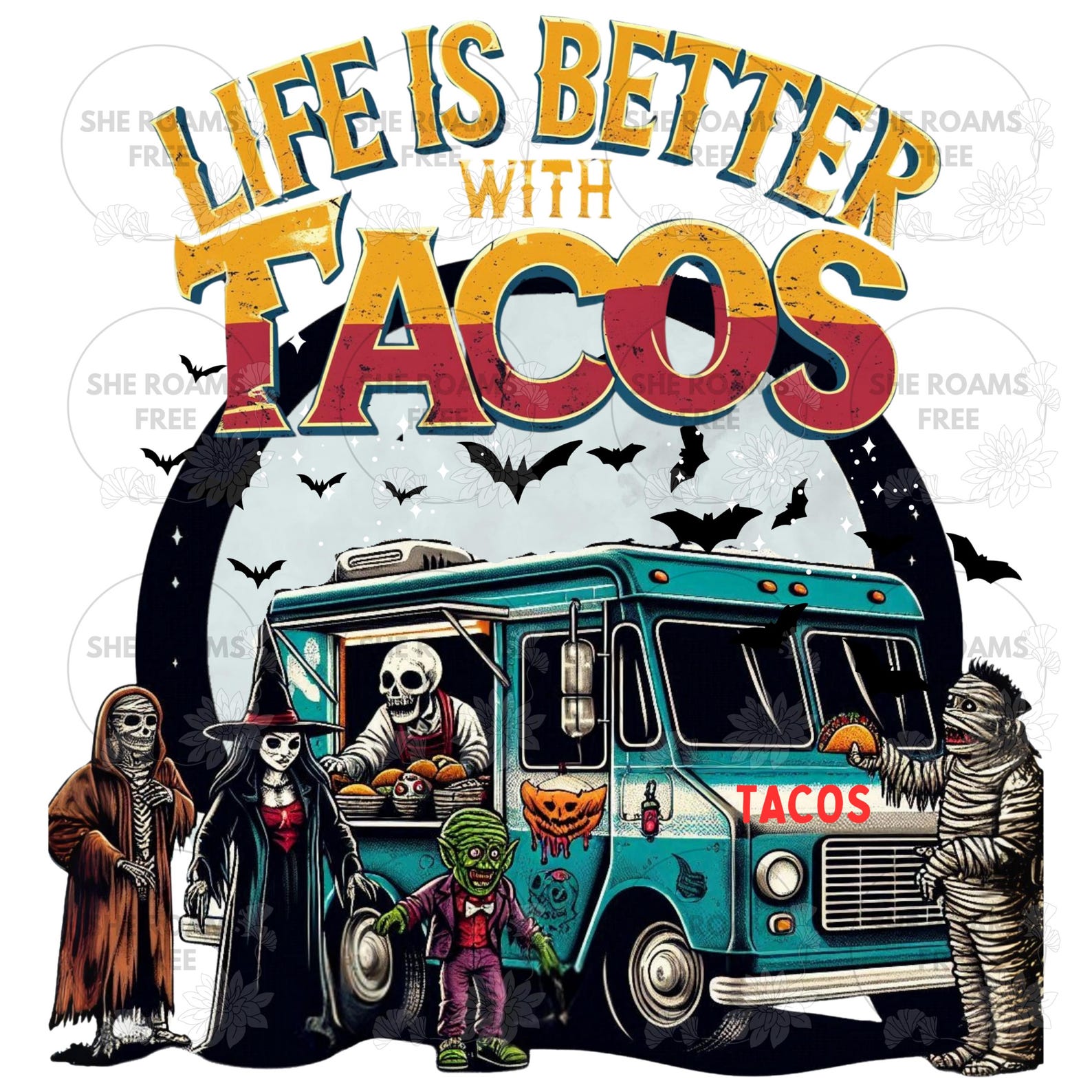 Spooky Taco Truck Halloween PNG: Funny Zombie, Mummy & Skeleton Design ...
