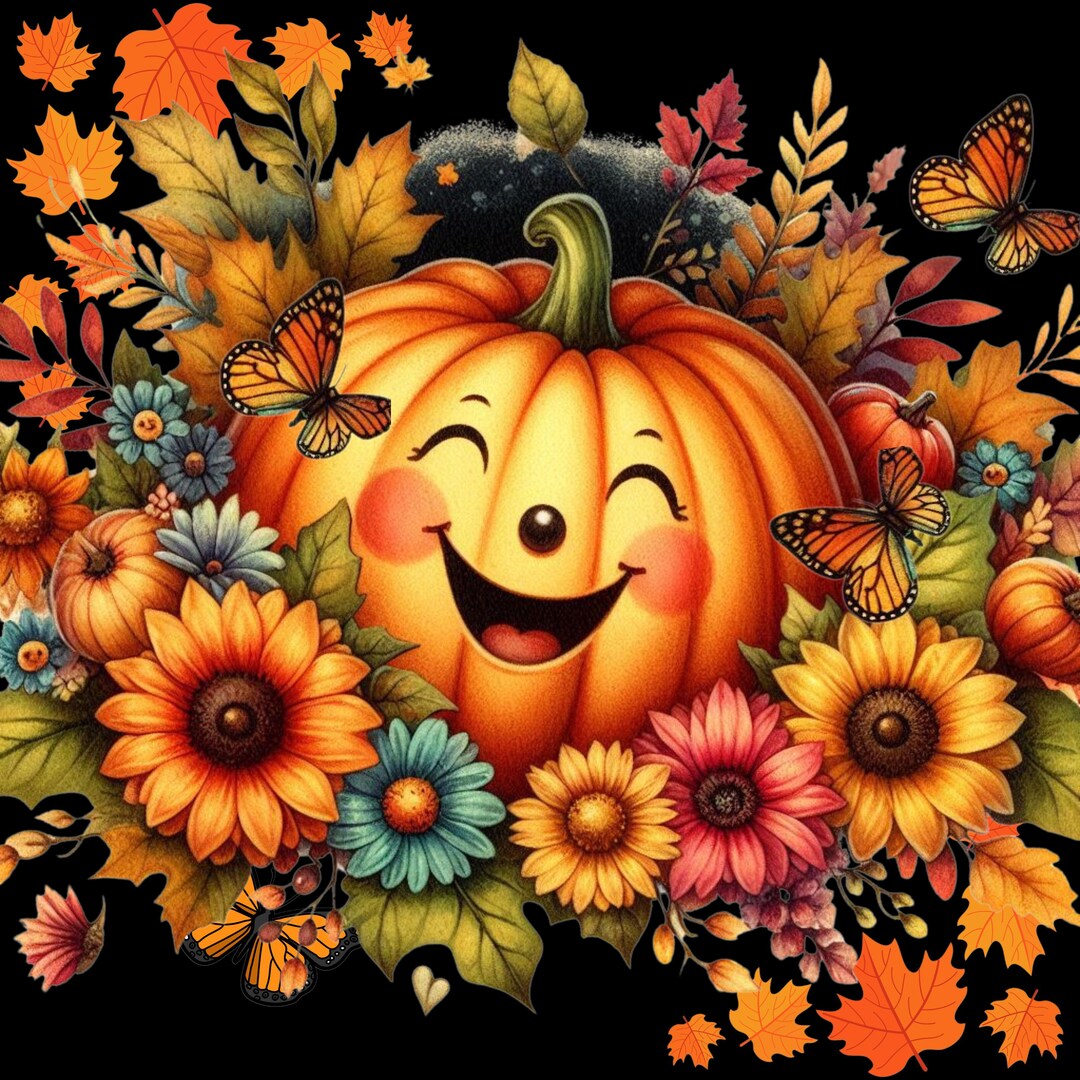 Happy Pumpkin Fall Art Print: Cheerful Autumn Harvest Illustration ...