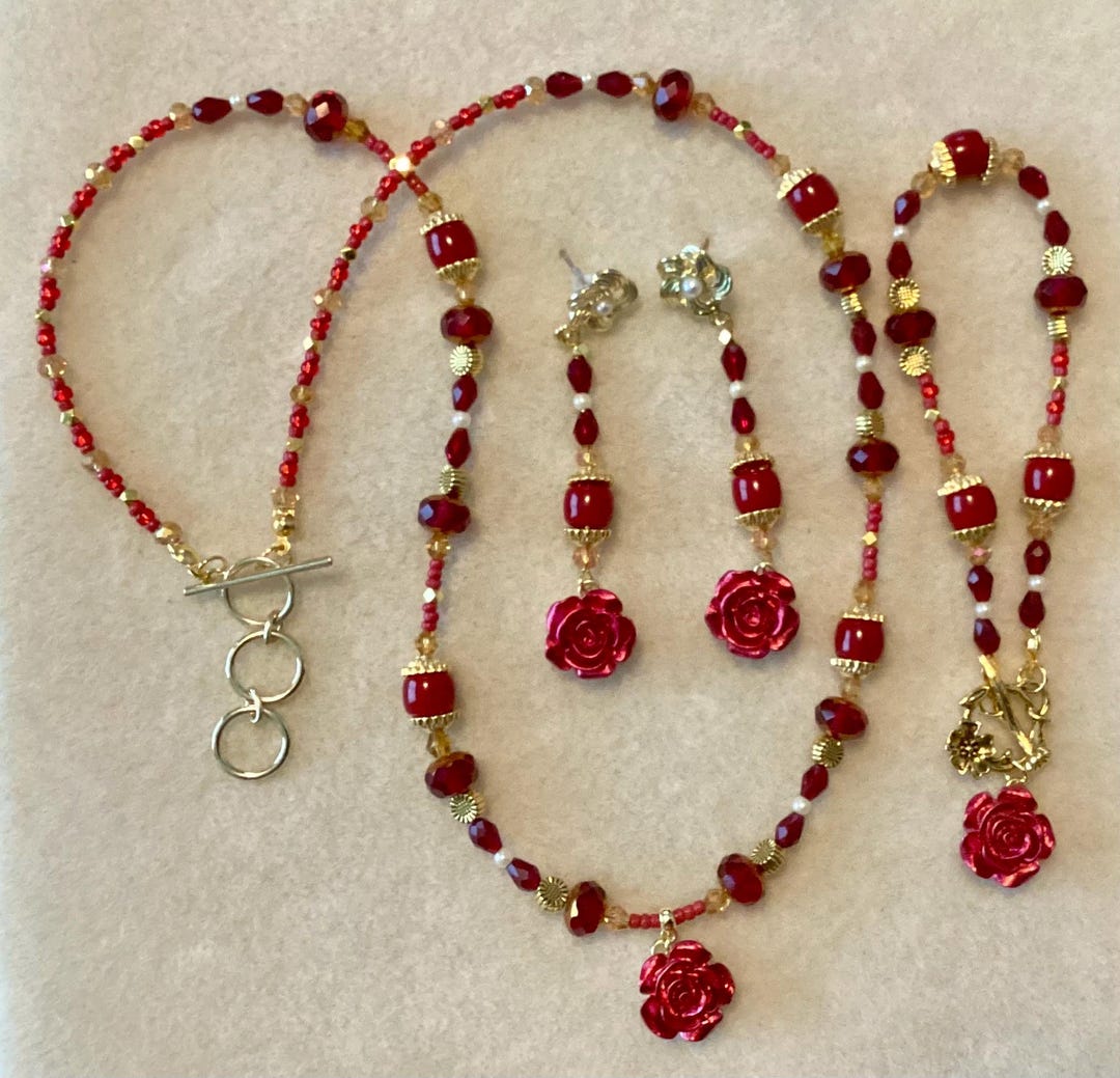 Red Rose Jewelry Set – Victorian Necklace, Bracelet & Earrings - Etsy