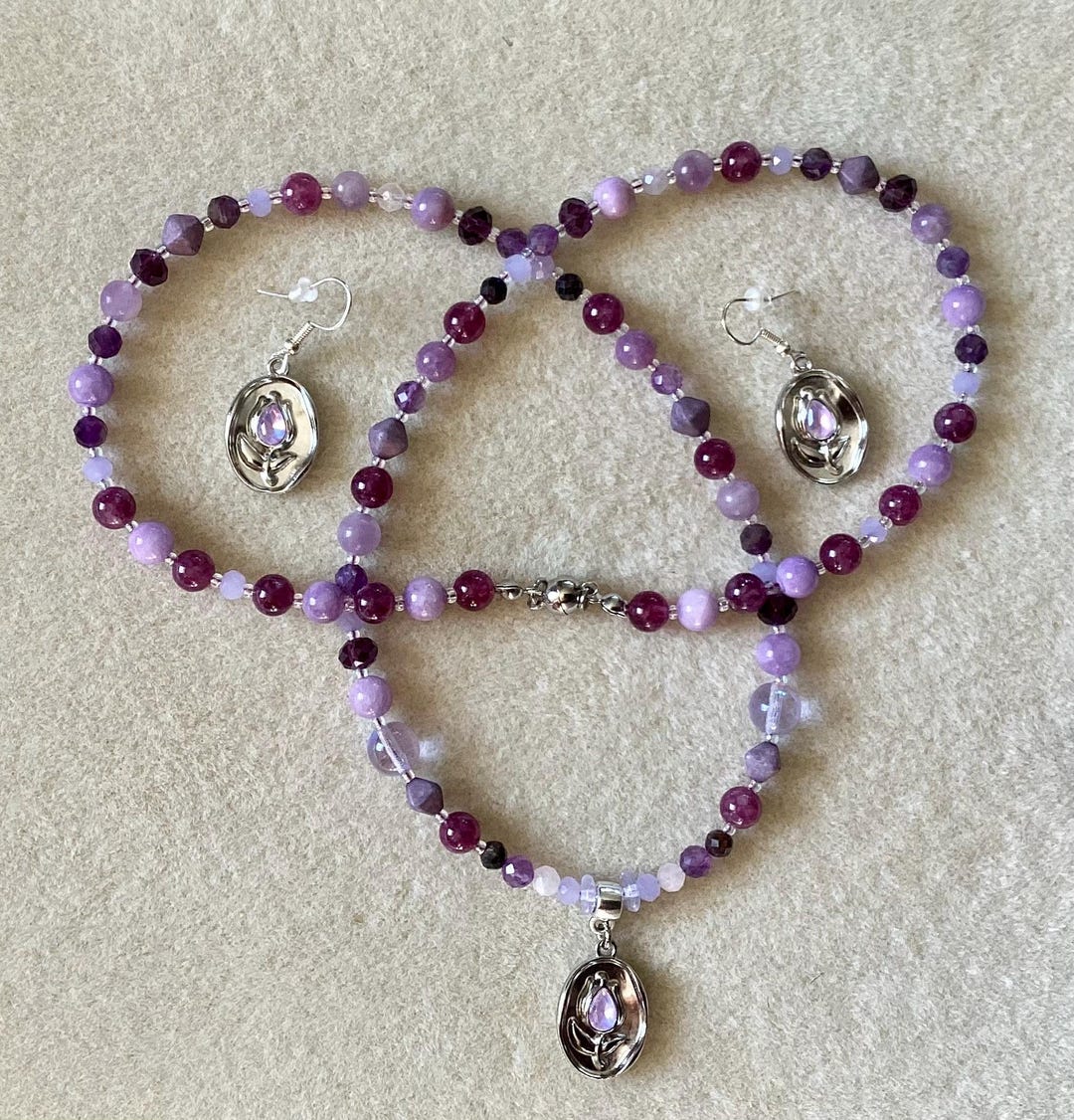 Amethyst Beaded Necklace and Earrings, Silver Tulip Pendant, Purple ...