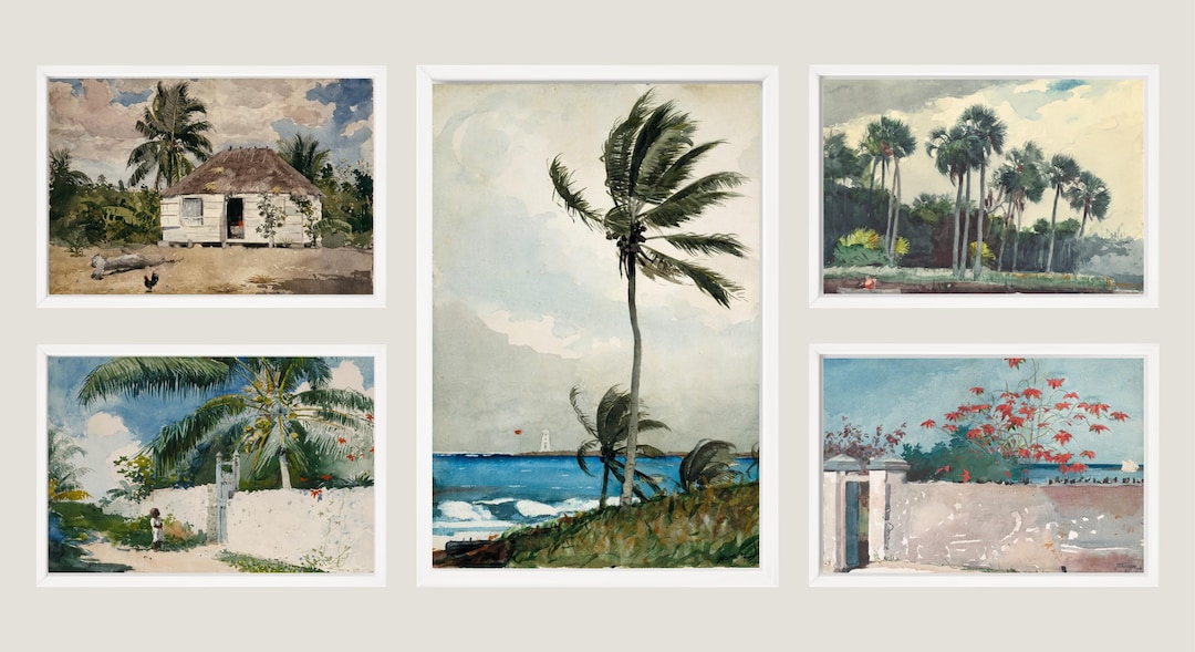 Vintage Caribbean Palm Tree Art Set of 5 Prints: Tropical Summer ...