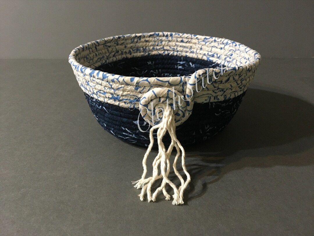 Blue Batik Basket, Coiled Rope Bowl, Clothesline Basket, Decorative ...