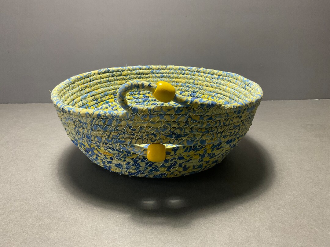 Blue and Yellow Coiled Rope Bowl, Batik Fabric Basket, Decorative Bowl ...