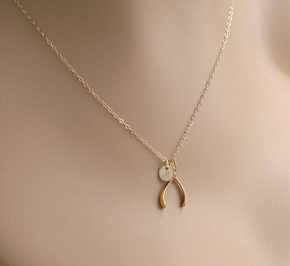 Gold Wishbone Necklace, 14k Gold Filled, Personalized Tiny Initial Disc ...