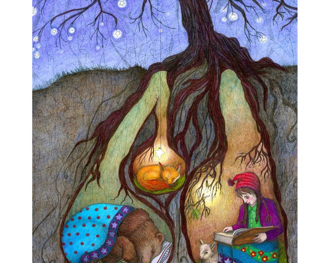 16x20 Giclee Illustrated Print, Bedtime Stories, Girl With Kid, Bear ...