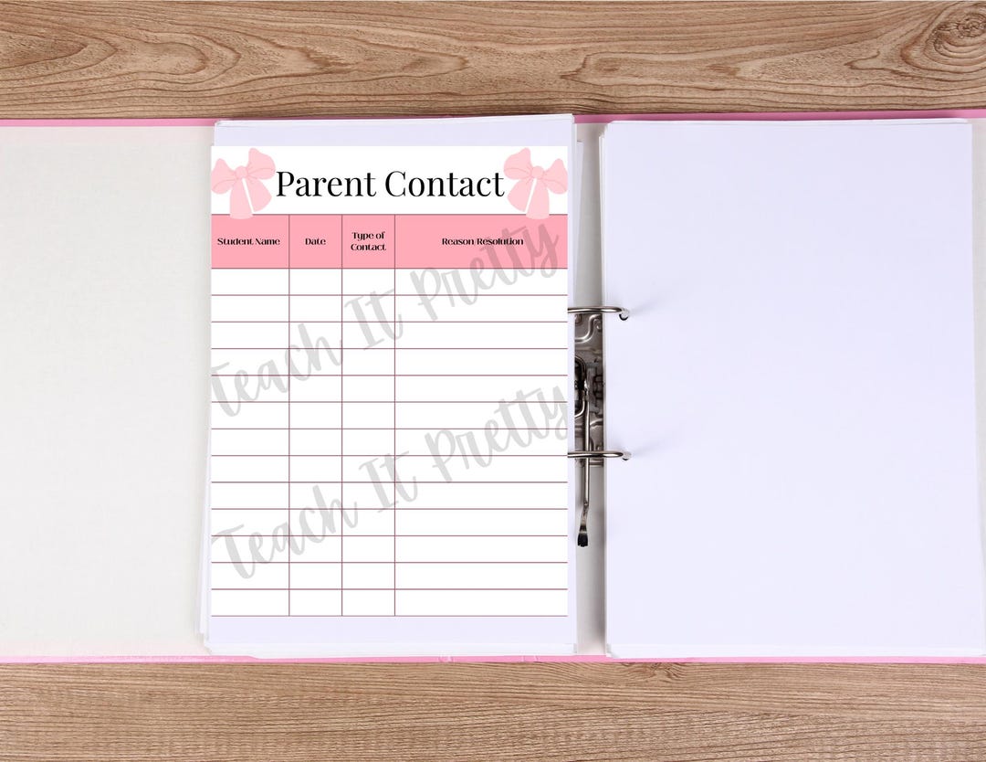 Printable Parent Contact Log | Pink Bow Theme Teacher Communication ...
