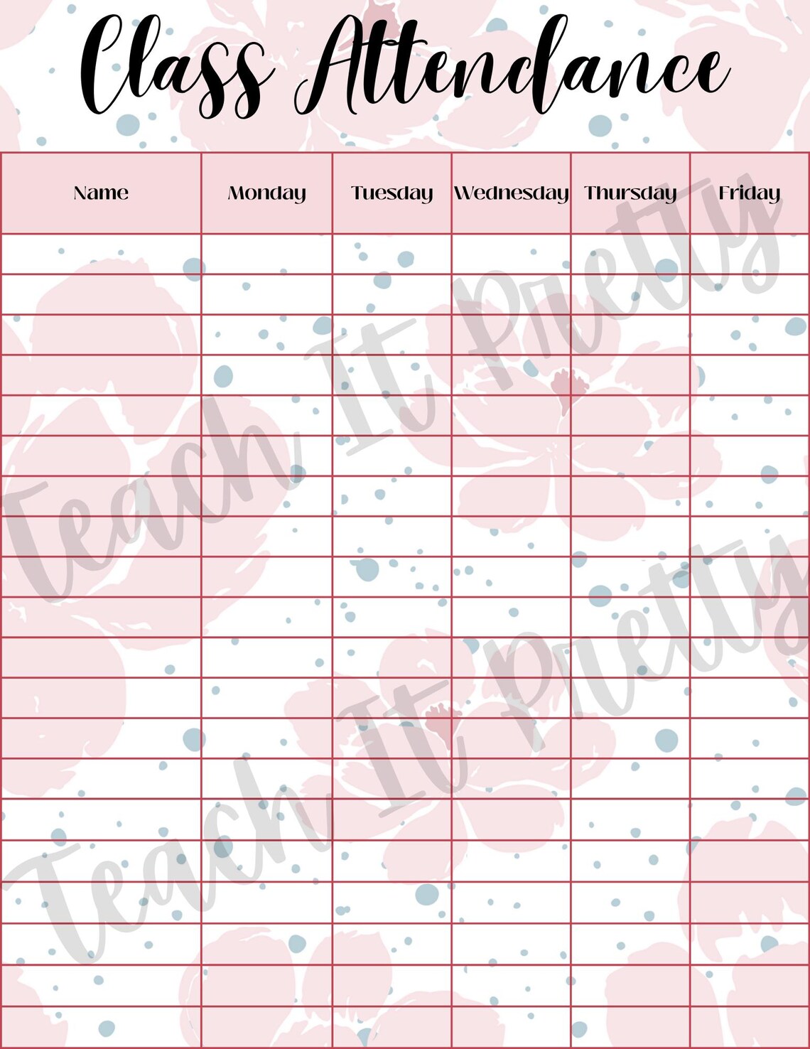 Pink Weekly Class Attendance Sheet | PDF + Editable Canva Template - Etsy