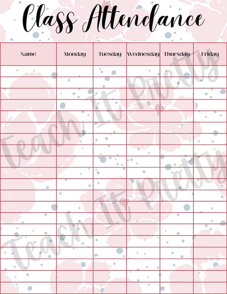 Pink Weekly Class Attendance Sheet | PDF + Editable Canva Template - Etsy