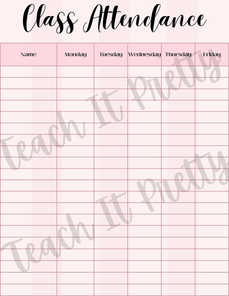 Pink Weekly Class Attendance Sheet | PDF + Editable Canva Template - Etsy