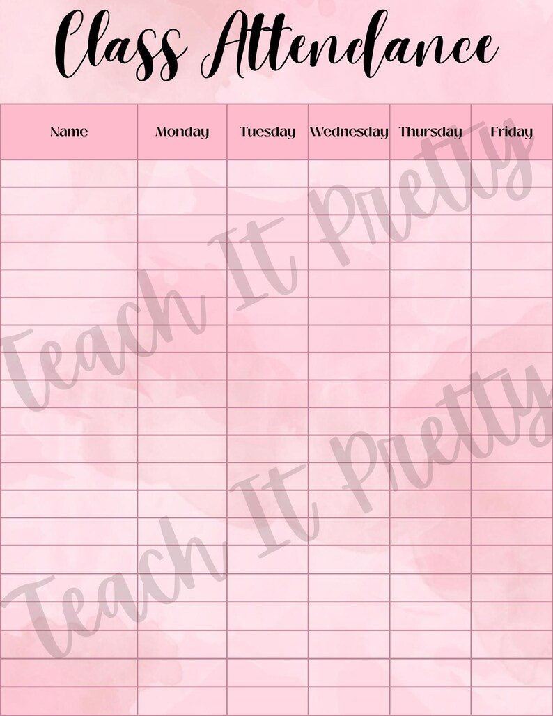 Pink Weekly Class Attendance Sheet | PDF + Editable Canva Template - Etsy