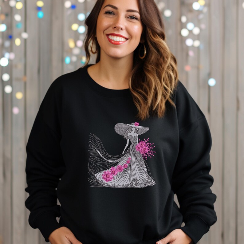 Lady in Hat Floral Embroidery Design – 11 Sizes, DST PES JEF, Sketch ...