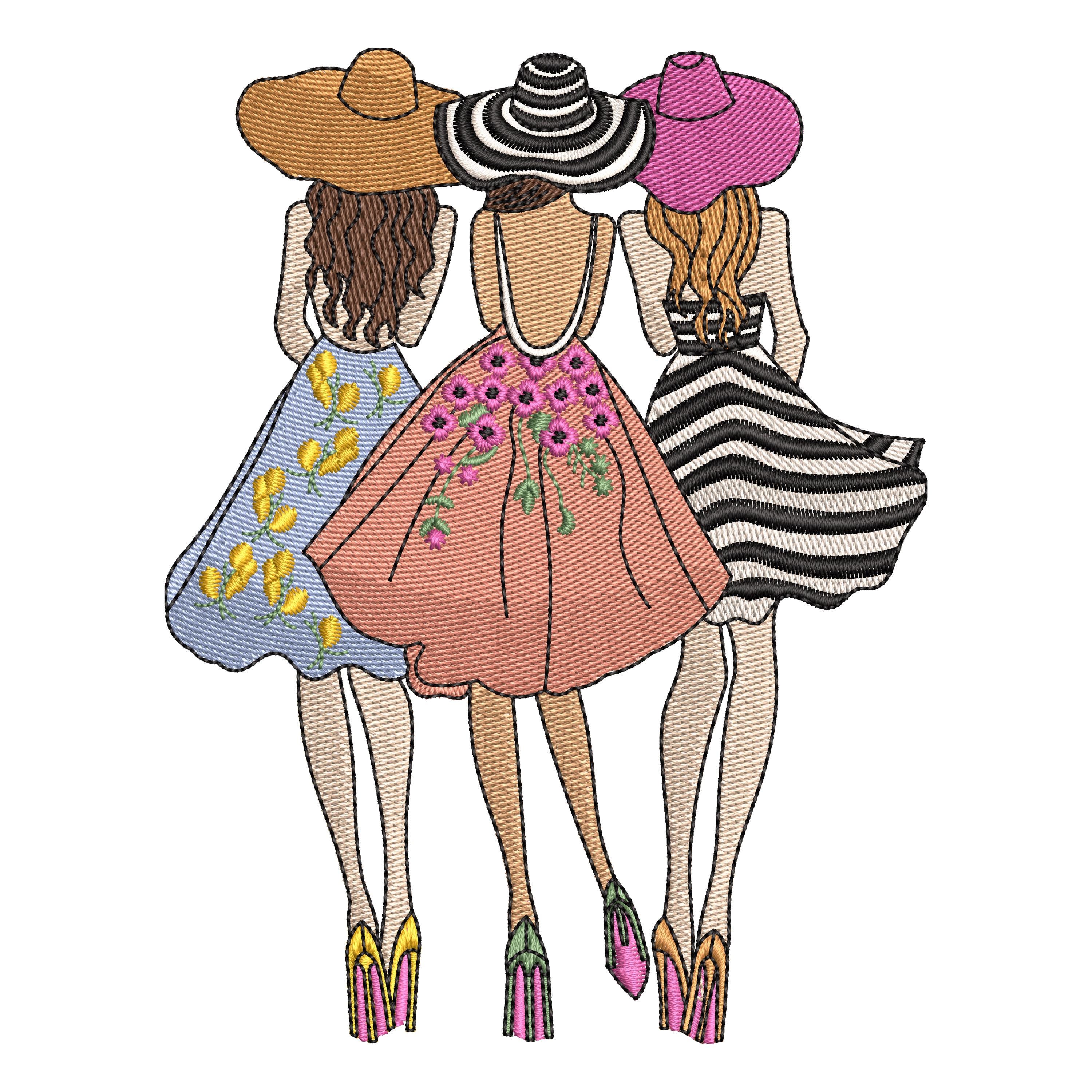 Best Friends Embroidery Design – Three Girls Fashion Trio (digital ...