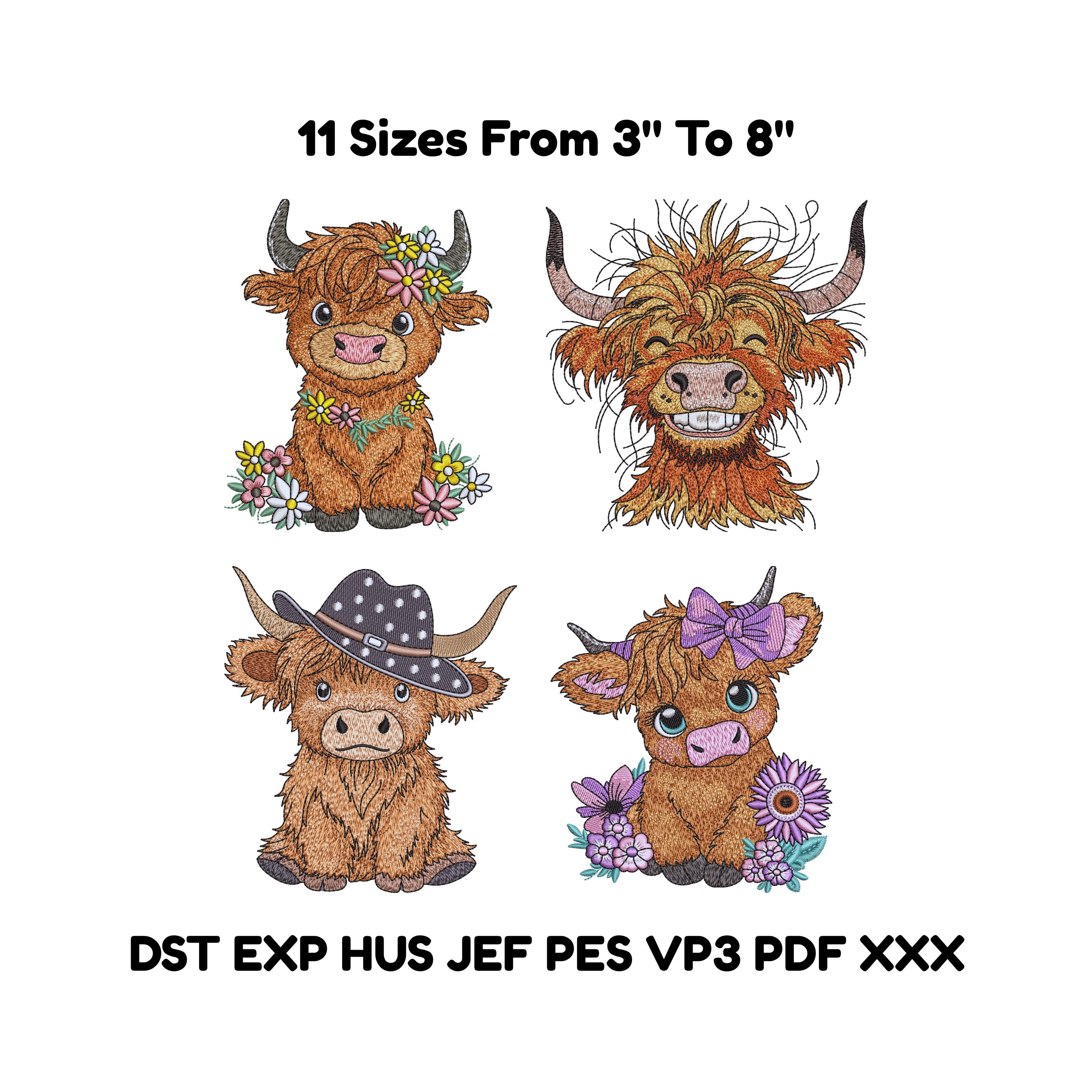 Highland Cow Embroidery Bundle – 4 Farm Animal Designs – 11 Sizes ...