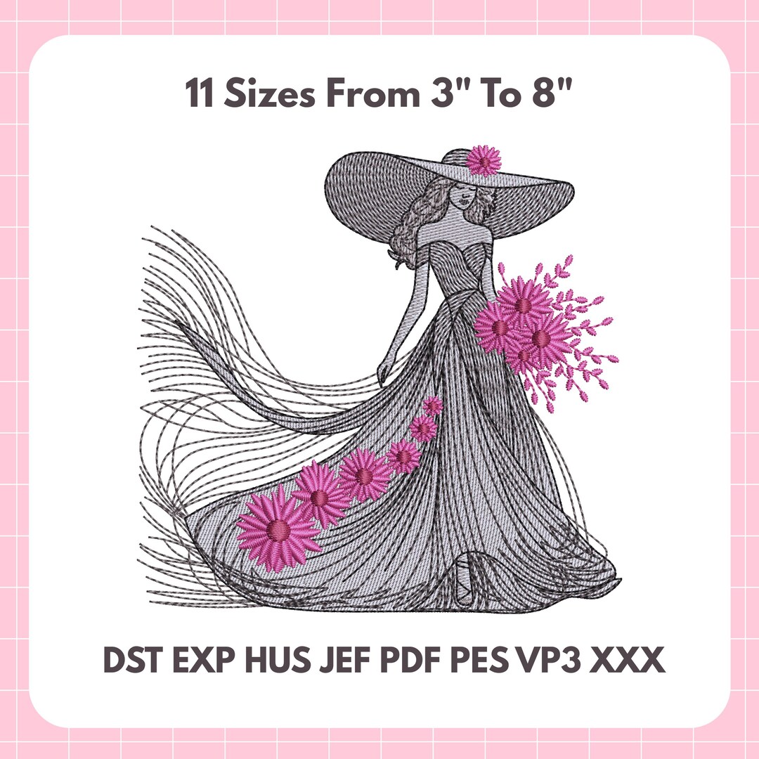Lady in Hat Floral Embroidery Design – 11 Sizes, DST PES JEF, Sketch ...