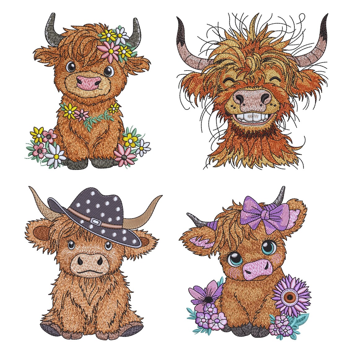 Highland Cow Embroidery Bundle – 4 Farm Animal Designs – 11 Sizes ...