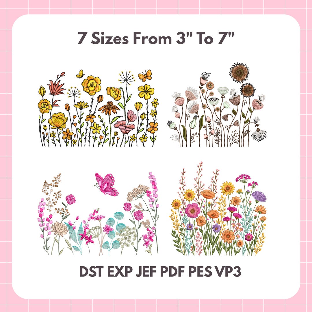 Floral Embroidery Design Bundle – 4 Wildflower Meadow Patterns for PES ...