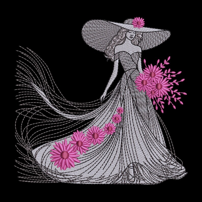 Lady in Hat Floral Embroidery Design – 11 Sizes, DST PES JEF, Sketch ...