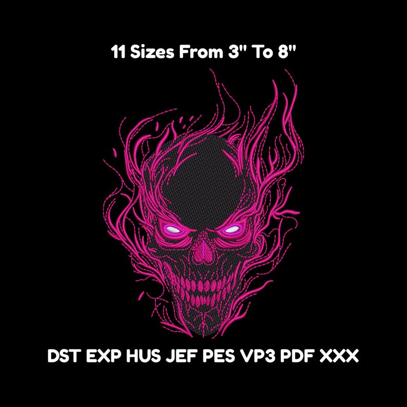 Neon Pink Flaming Skull Embroidery Design – 11 Sizes – Instant Digital ...