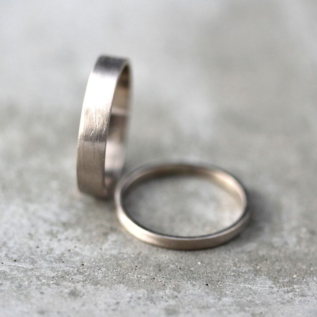 White Gold Wedding Ring Set, His and Hers 4mm and 2mm Brushed Flat 14k ...