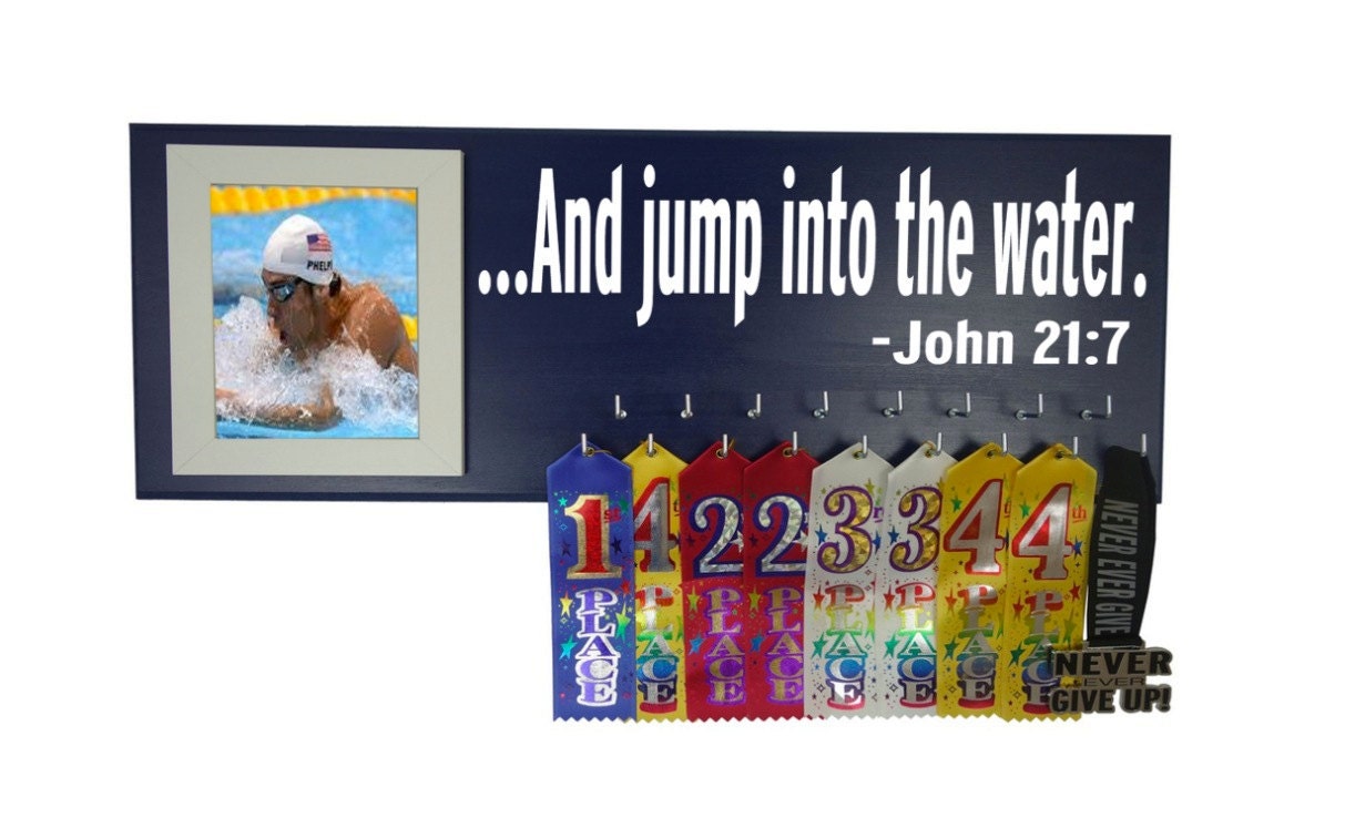Swim medal holder bible verse for swimmer ... And jump | Etsy