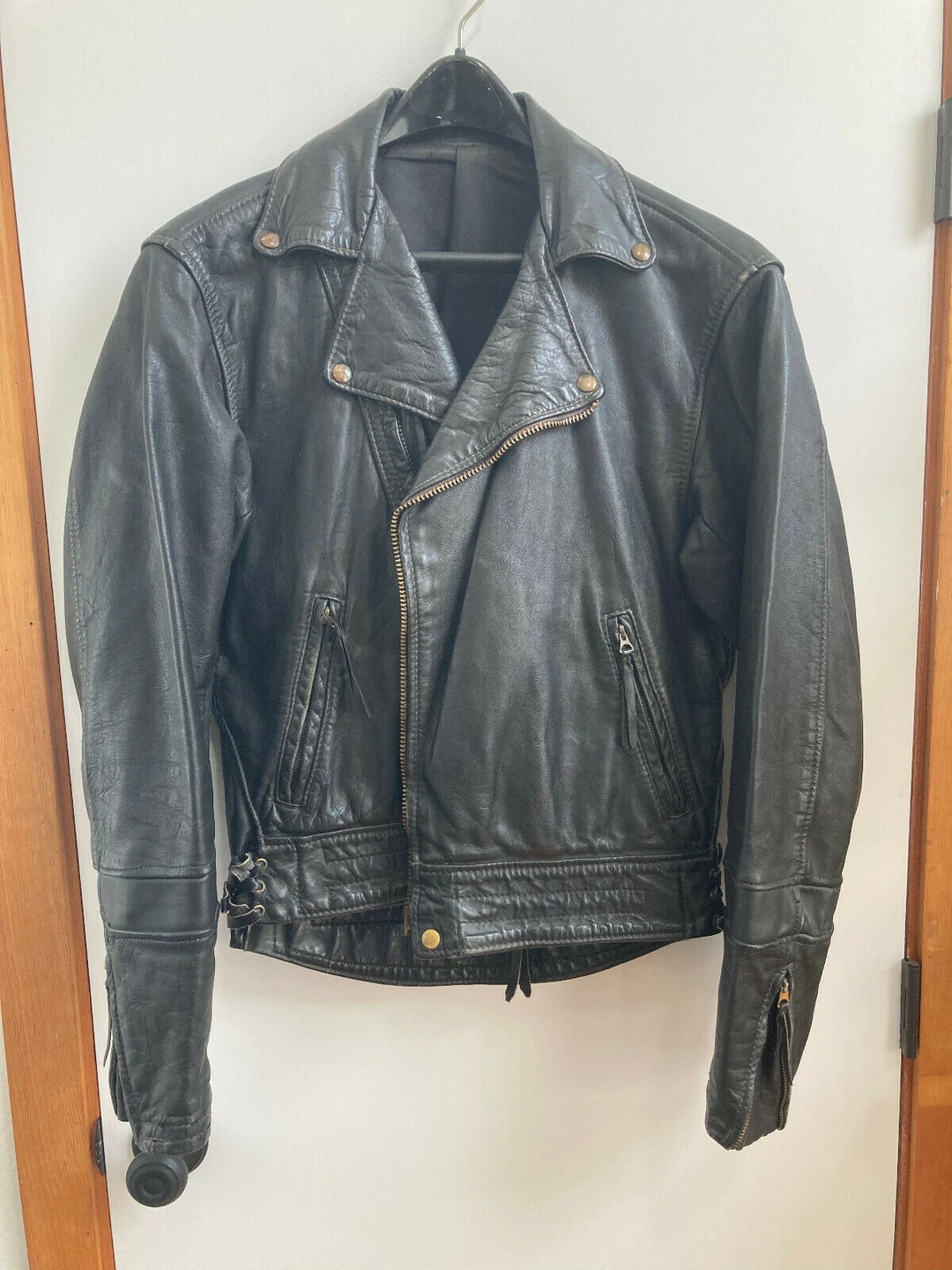 VINTAGE LANGLITZ LEATHERS Custom Black Leather Motorcycle Jacket Mens ...