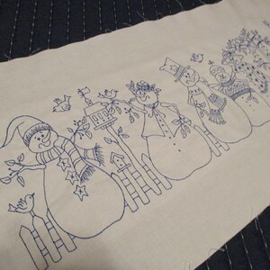 Bluework Embroidery Quilt Block Embroidered Redwork Snowman Embroidery Snowman Runner a Yard of ...