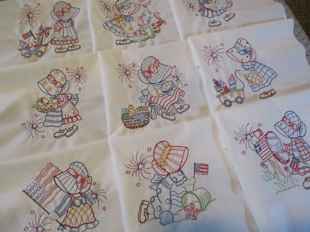 Set of 9 Embroidered Quilt Blocks Sun Bonnet Sue Quilt Blocks Patriotic ...