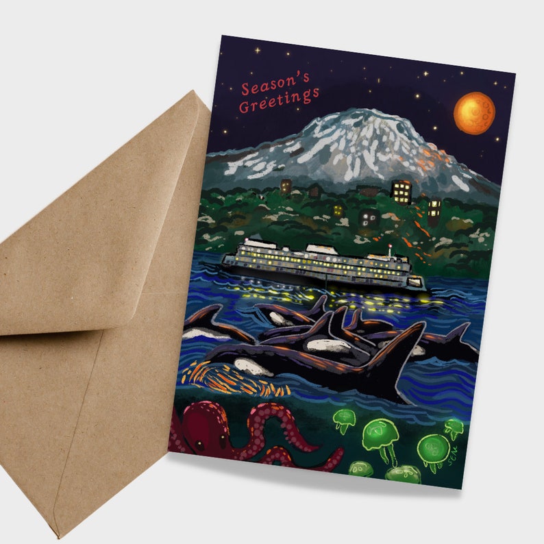 Season's Greetings Mount Rainier Seattle Ferry Orca Card - Etsy
